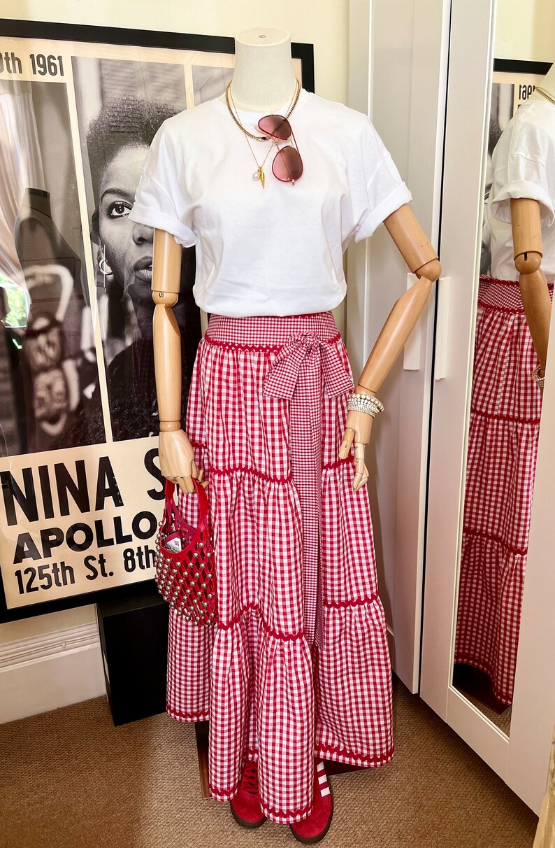 Red and White Tiered Gingham Maxi Skirt With Ric-rac Trim, in Size 10/ ...