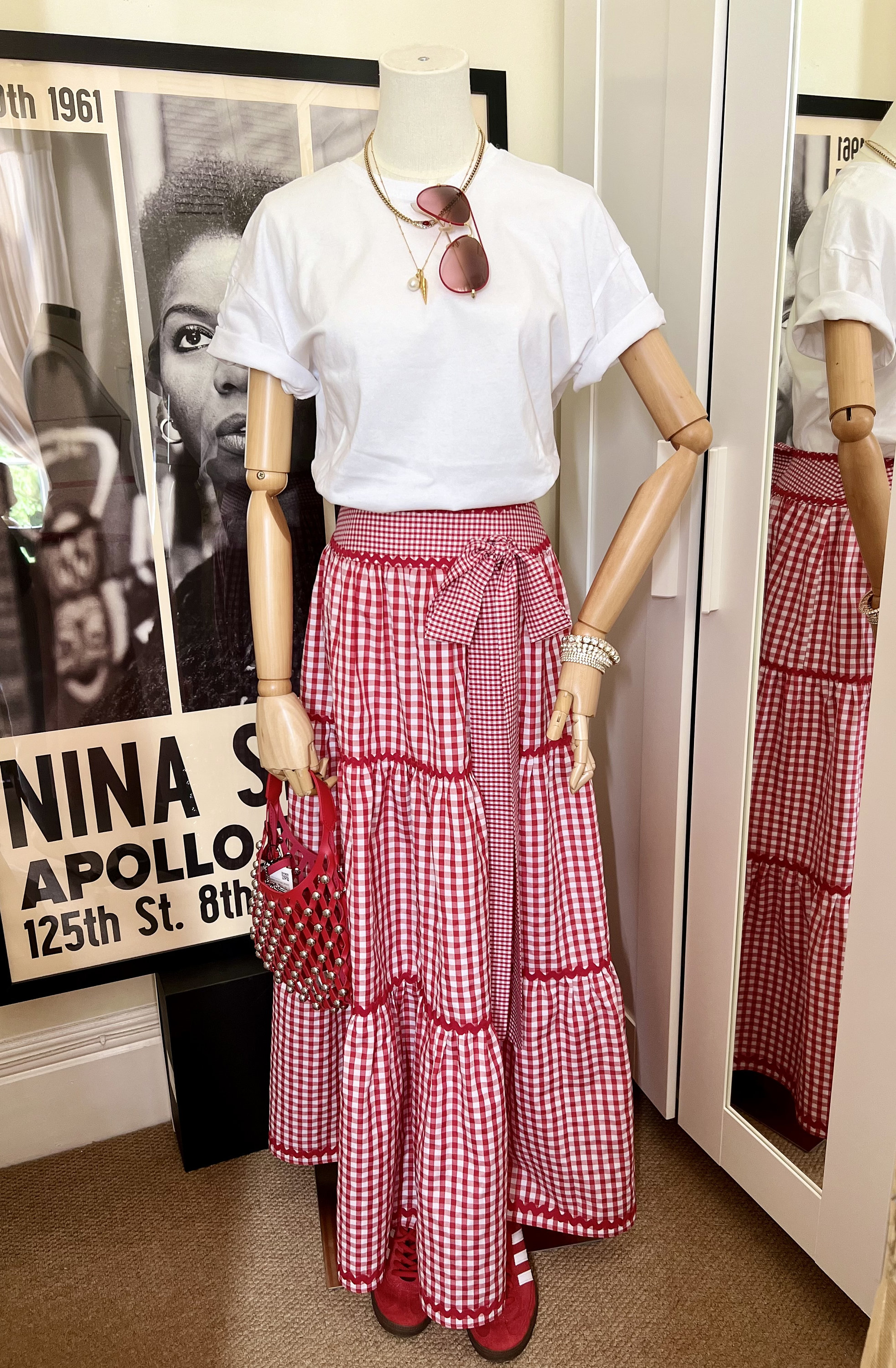 Red and White Tiered Gingham Maxi Skirt With Ric-rac Trim, in Size 10/ ...