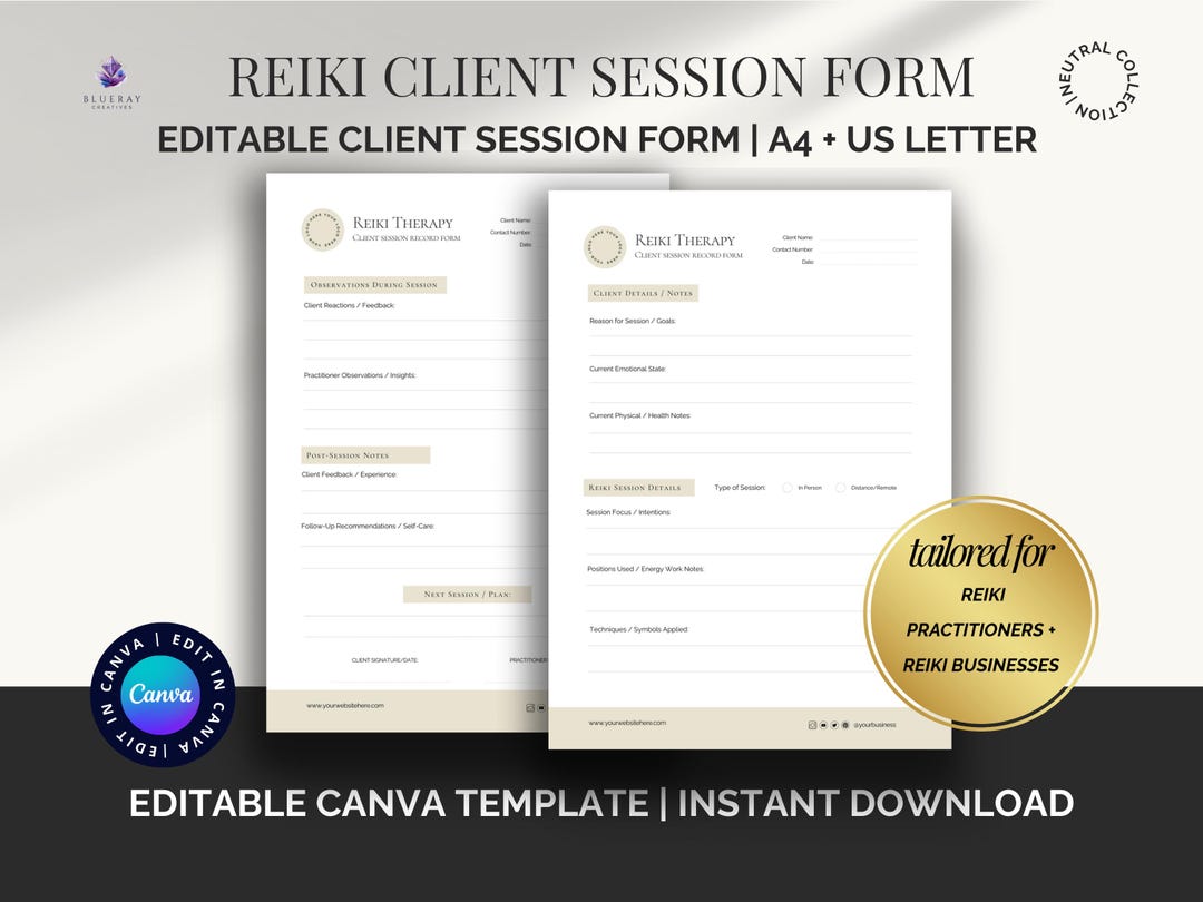 Reiki Session Record Form Editable Canva Template | Reiki Client Notes ...