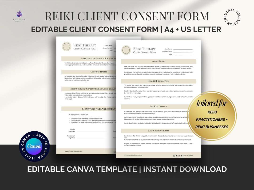Editable Reiki Client Consent Form Template | 2-page Canva Template ...