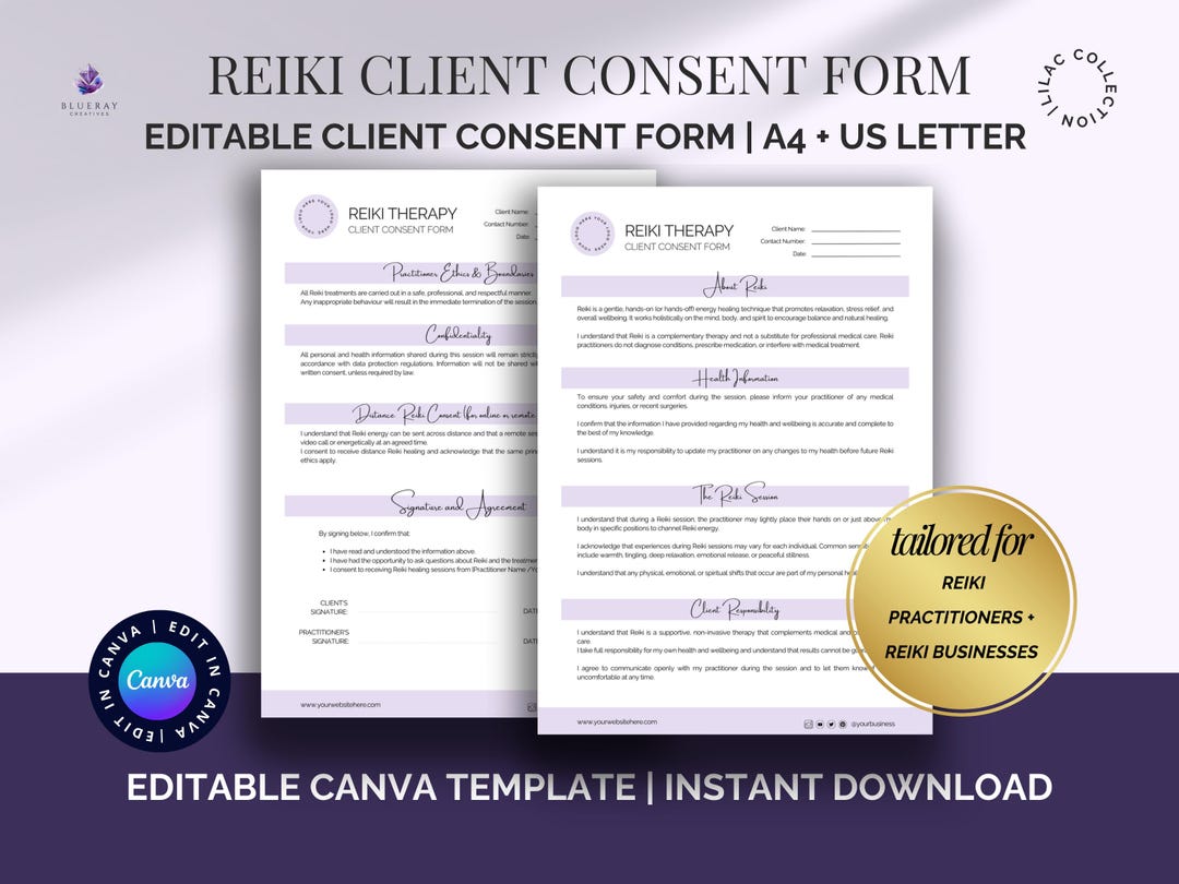 Editable Reiki Client Consent Form Template, A4 & US Letter for Reiki ...