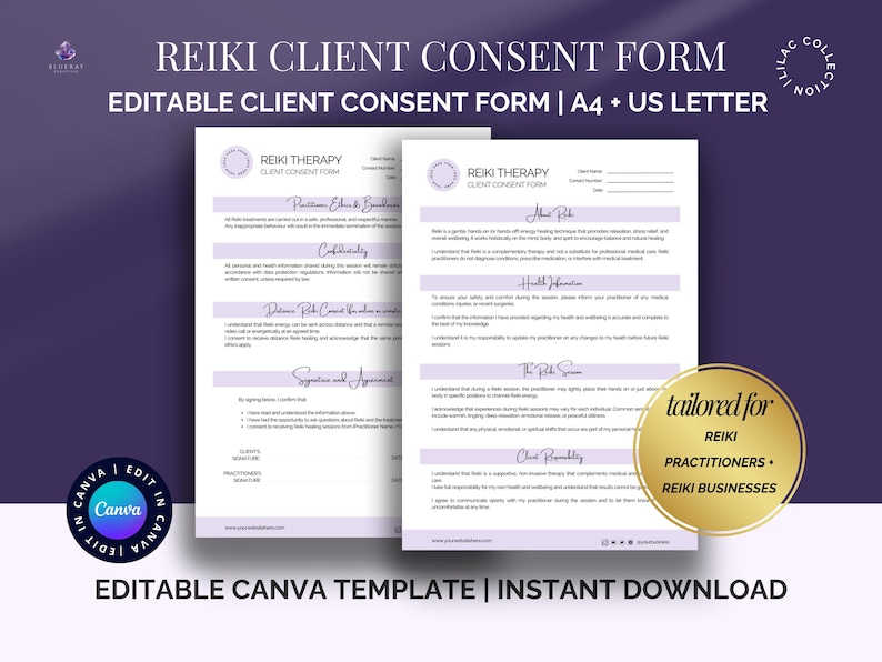 Editable Reiki Client Consent Form Template | 2-page Lilac Design Canva ...