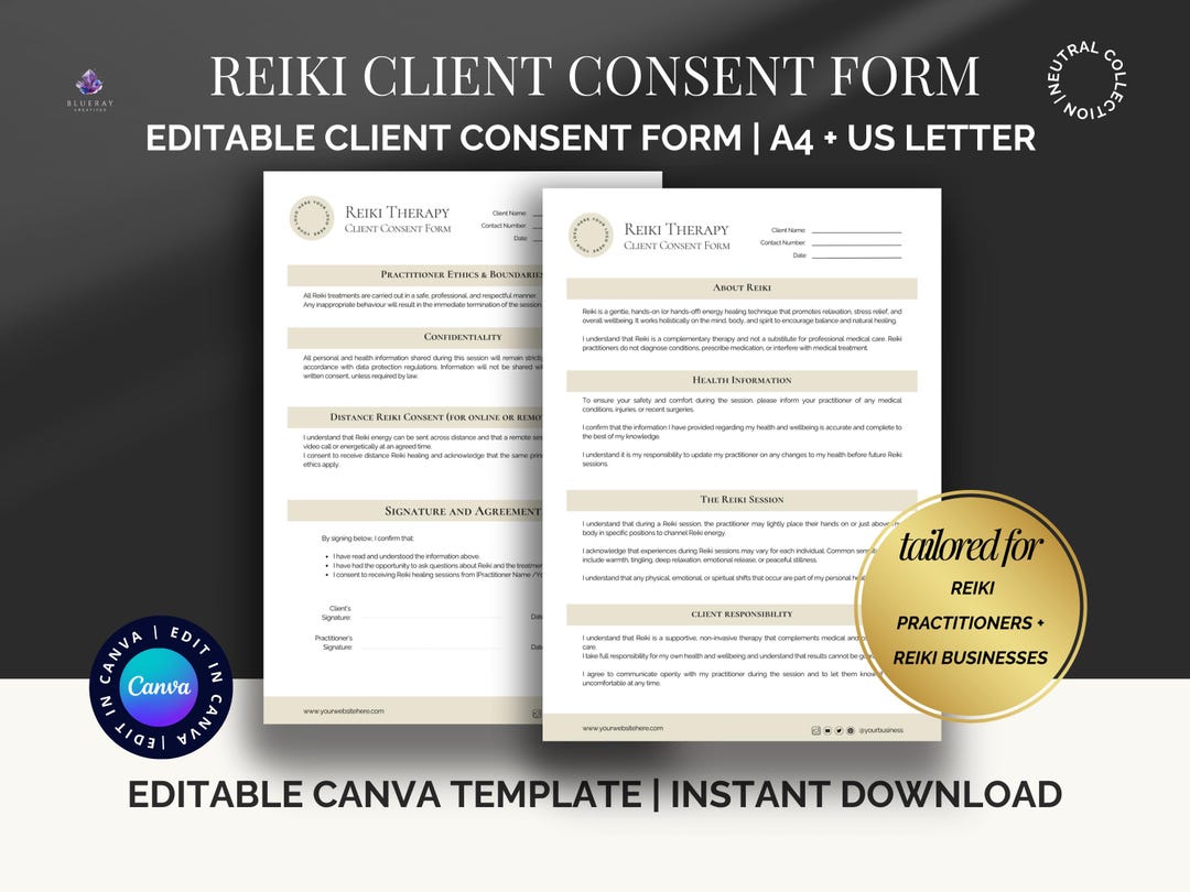 Reiki Consent Form Editable Canva Template | Reiki Client Form | 2-page ...