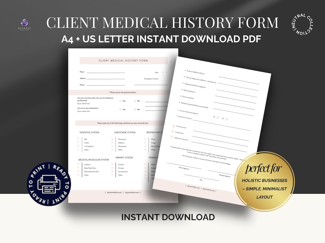 Printable Client Medical History Form | Holistic Therapy Intake Form ...