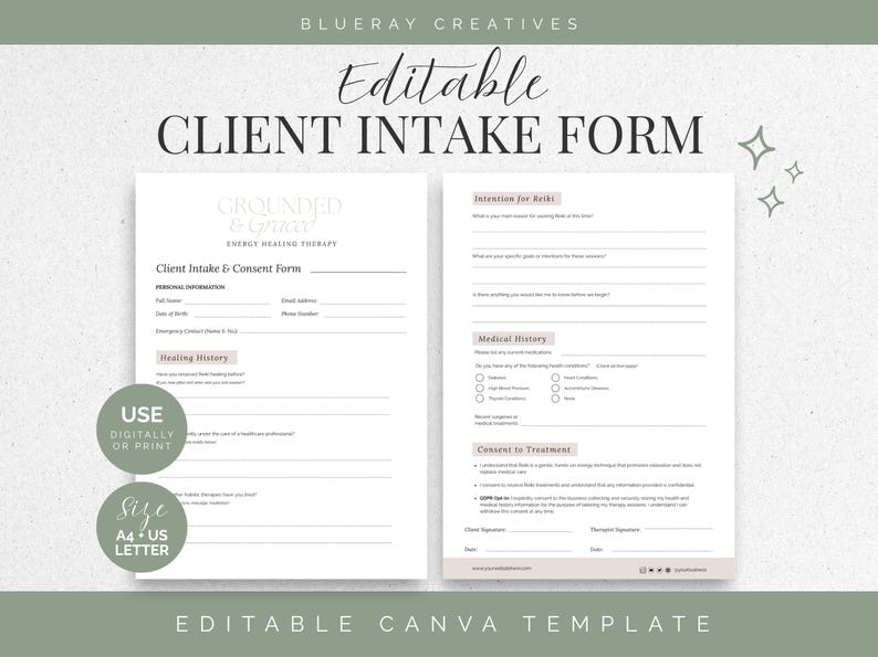 Editable Reiki Client Intake Form Canva Template, Holistic Therapy ...