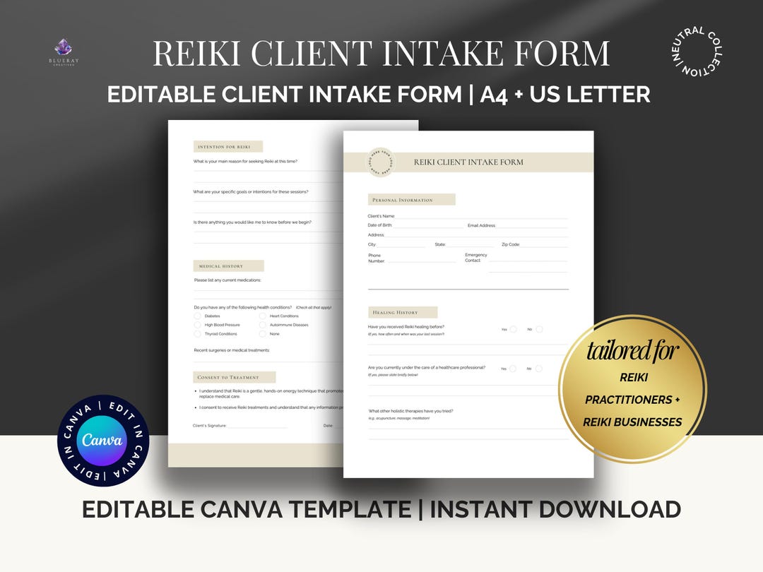 Editable Reiki Client Intake Form Template, 2-page Canva Template, A4 ...