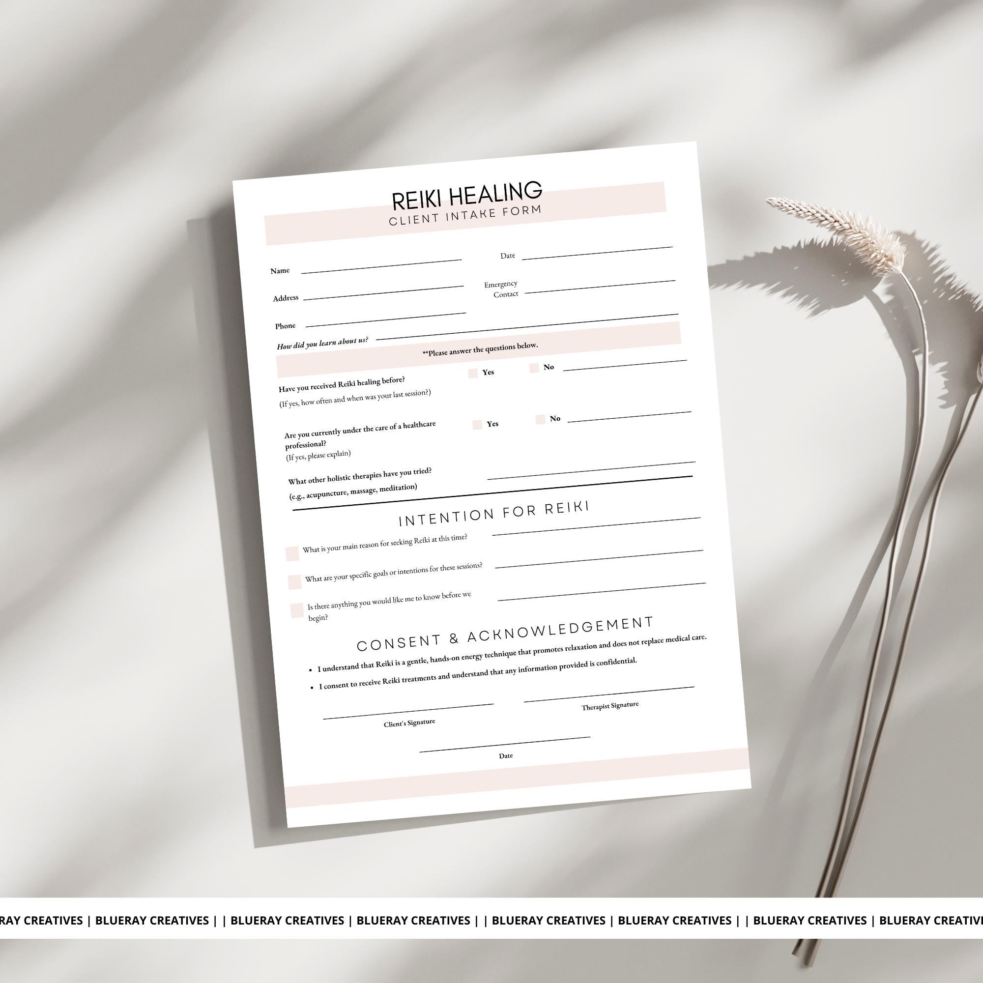 Printable Reiki Client Intake Form, Reiki Client Form, Reiki Business ...