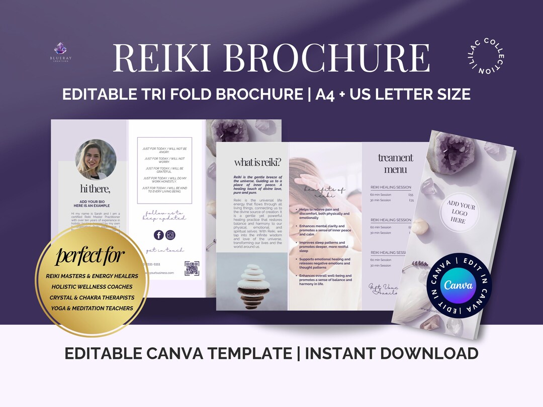Editable Reiki Brochure Canva Template | Lilac Tri Fold Flyer ...