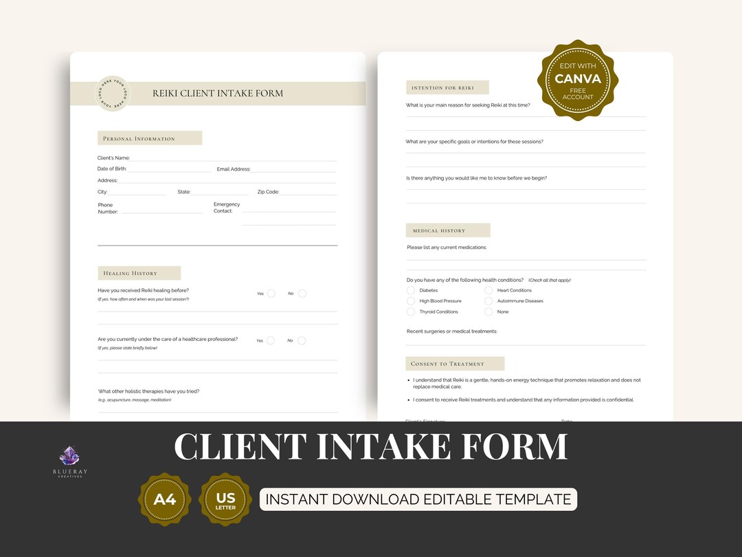 Editable Reiki Client Intake Form Template, 2-page Canva Template, A4 ...