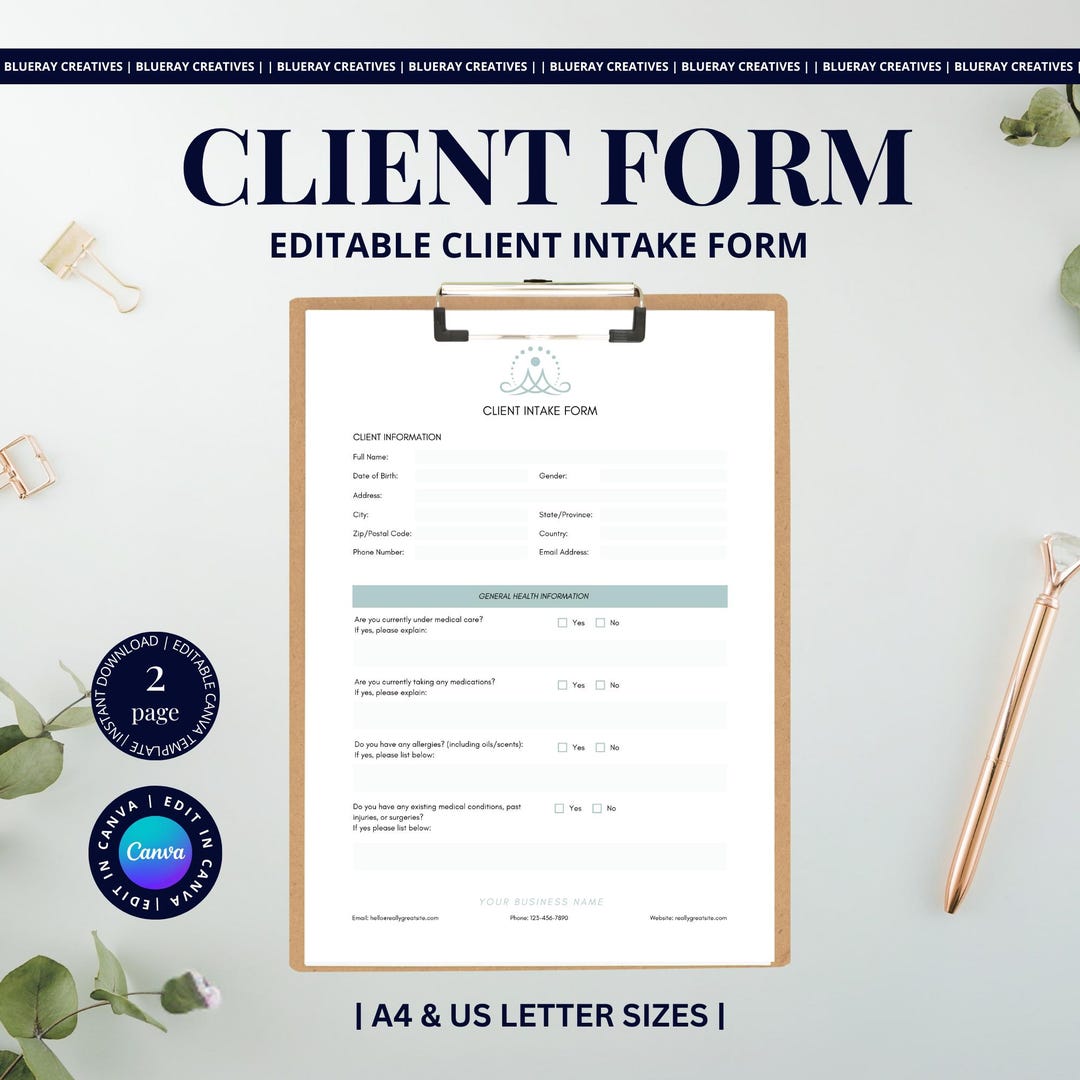 Editable Client Intake Form for Holistic Therapists – 2 Page Canva ...