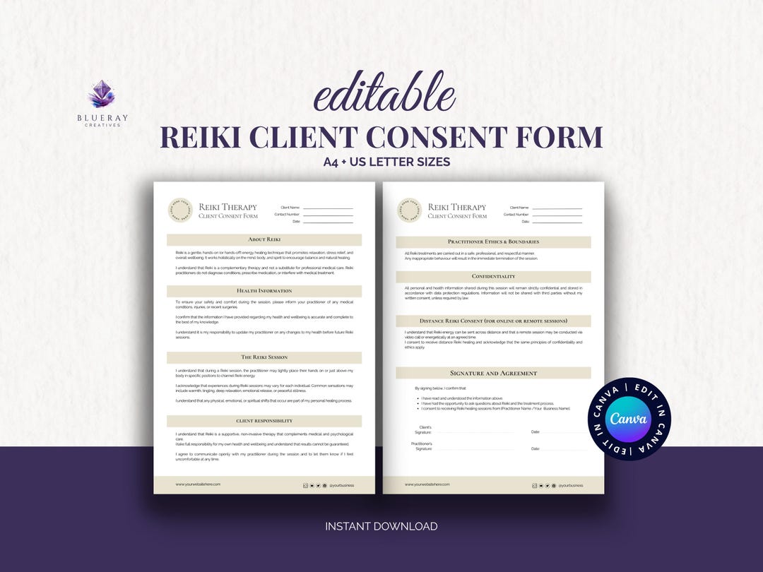 Editable Reiki Client Consent Form Template | 2 Page Canva Template ...