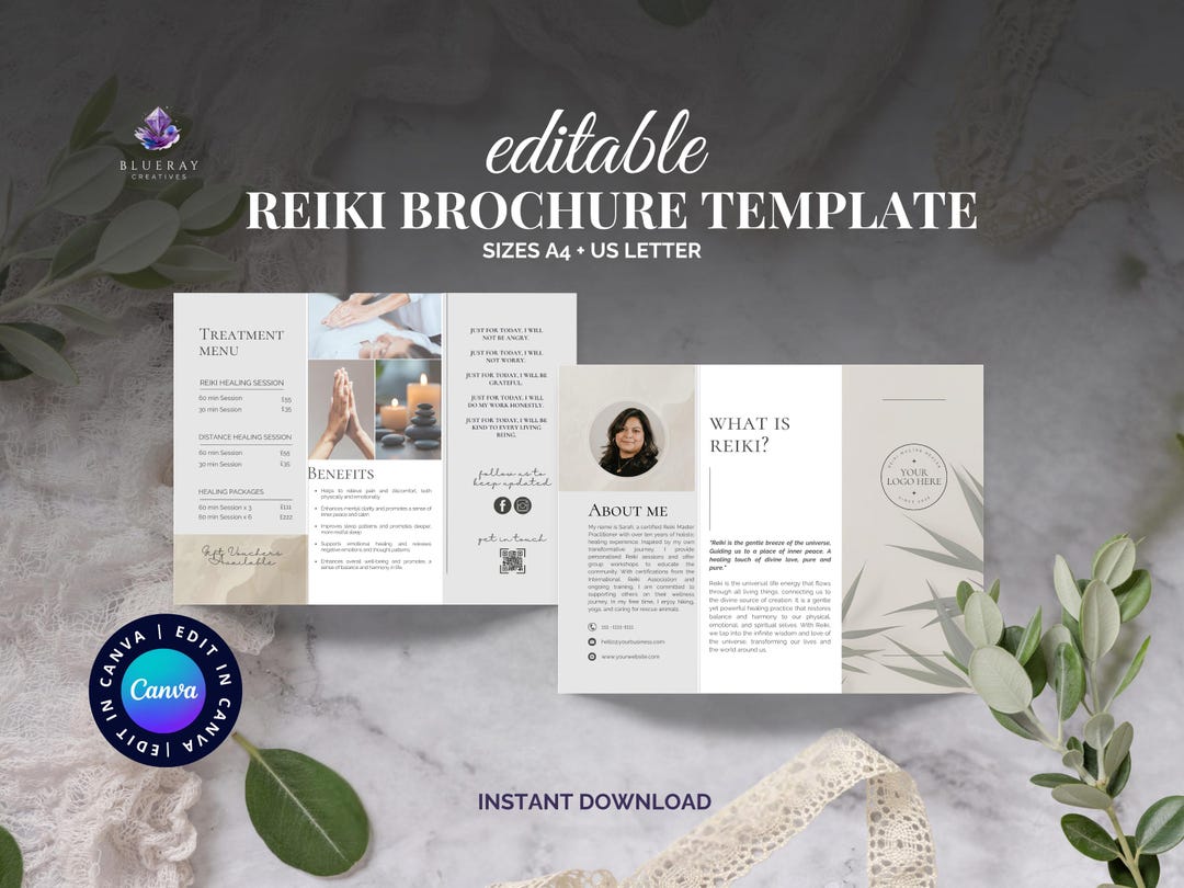 Editable Reiki Brochure Canva Template | Neutral Trifold Design ...
