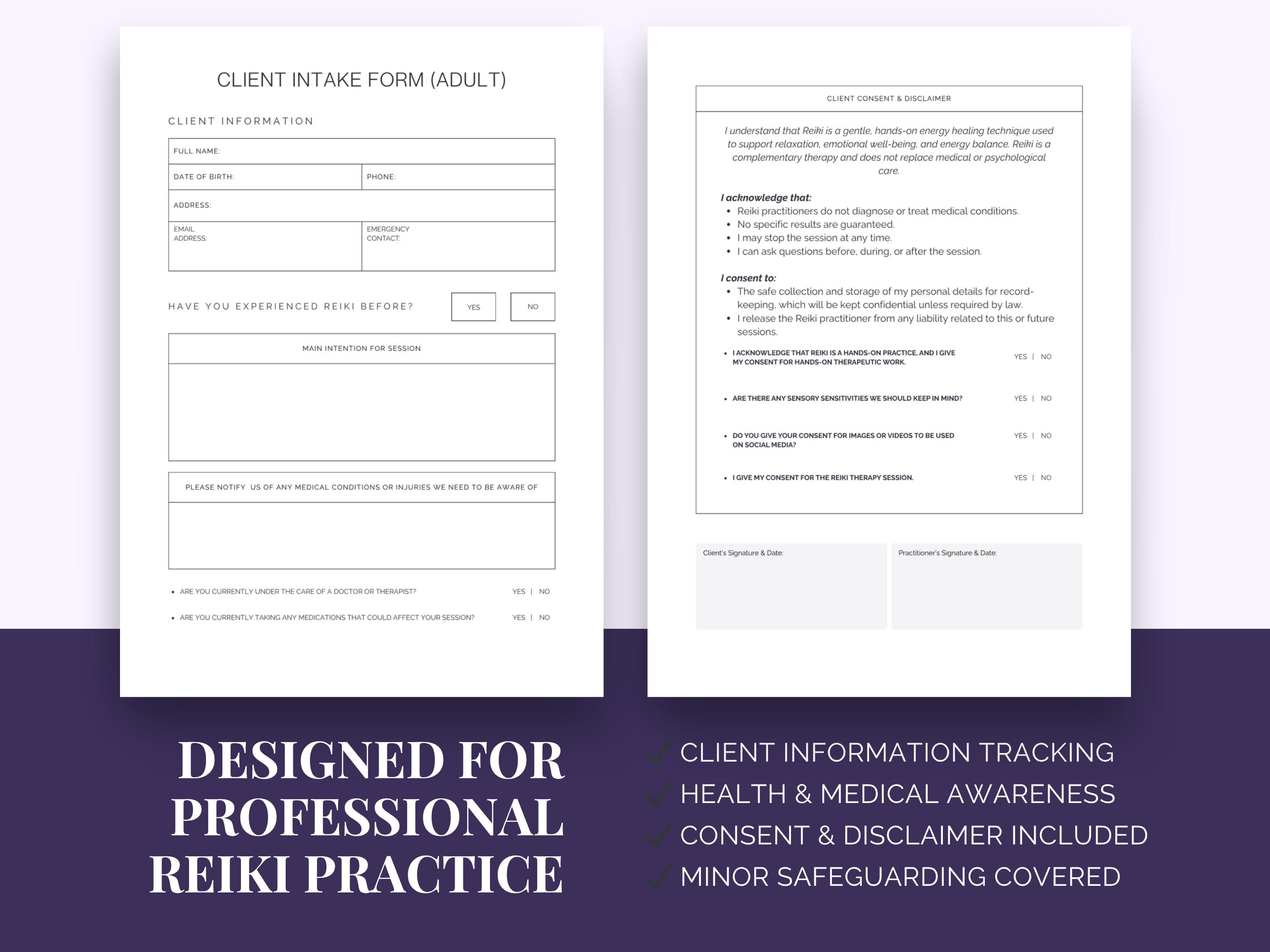Reiki Client Intake Form Bundle | Adult & Minor Consent Forms Printable ...