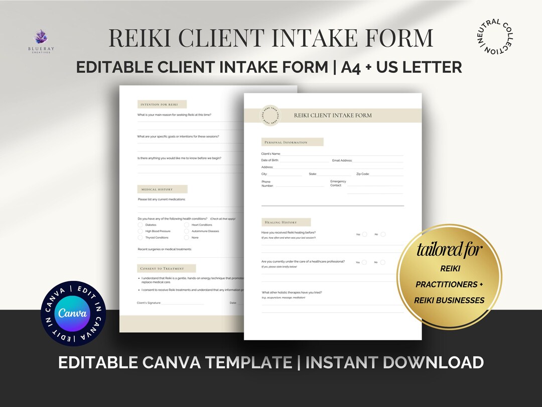 Reiki Client Intake Form Canva Template, Editable 2-page Intake Sheet ...