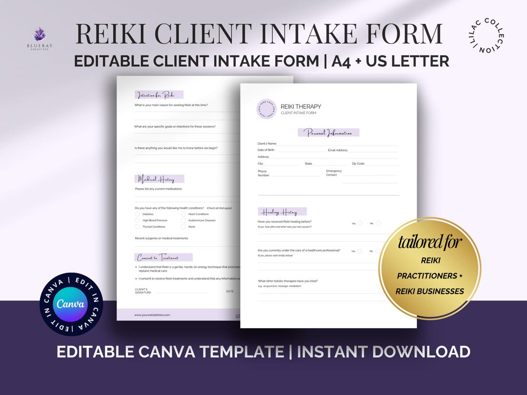 Editable Reiki Client Intake Form Template, 2-page Printable Reiki ...