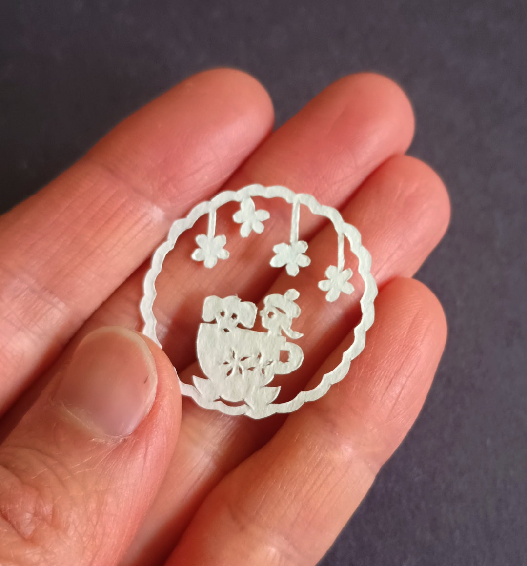 Pom Pom Beret Girl & Dog in Cup, Mini Coin-size Original Hand-cut Paper ...