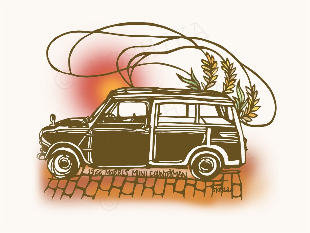 1966 Morris Mini Countryman, Vintage Car Series, Prints of Kiri-e hand ...