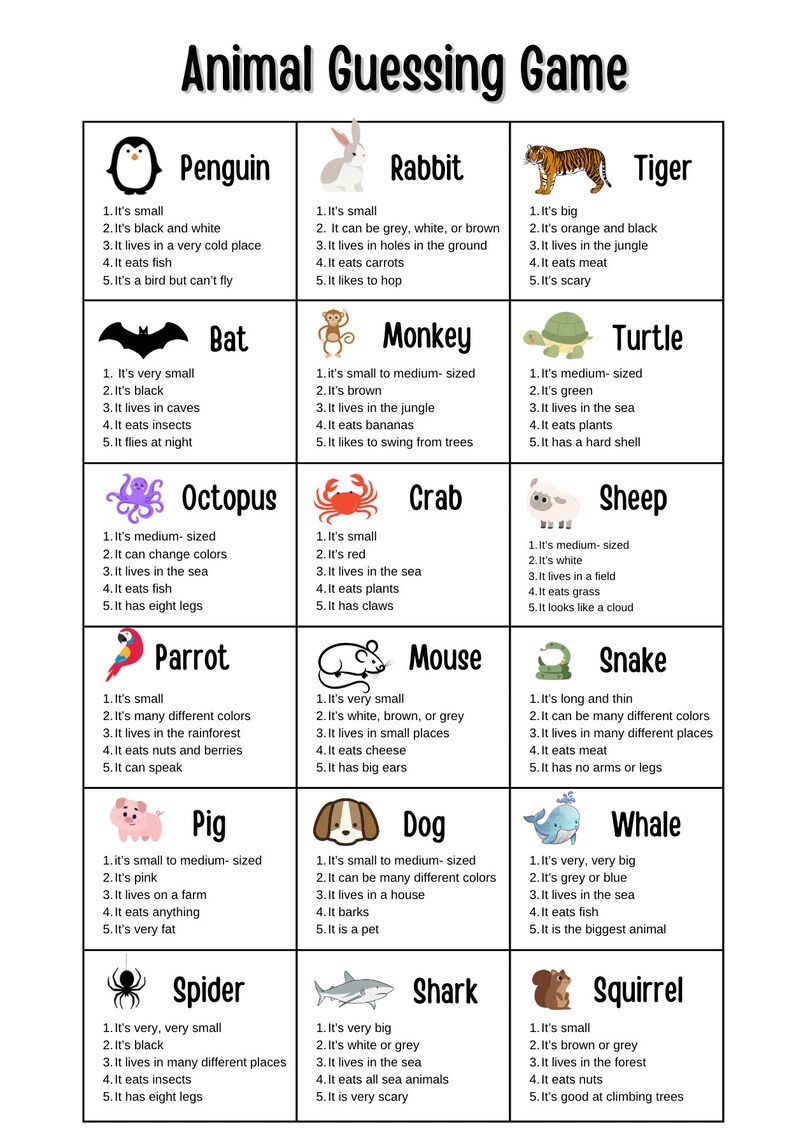 ESL/ Animal Guessing Game 2 Player Game - Etsy