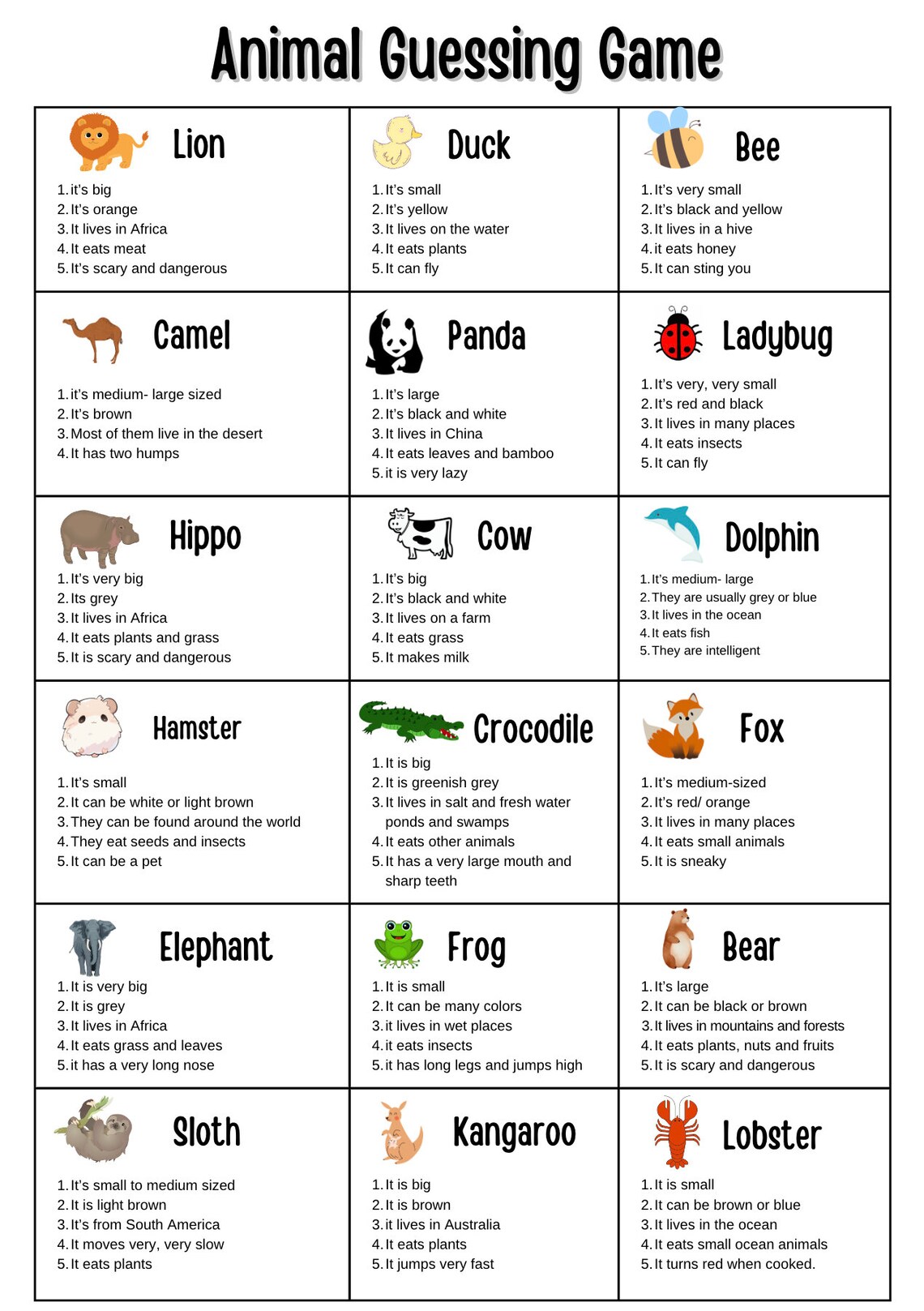 ESL/ Animal Guessing Game 2 Player Game - Etsy