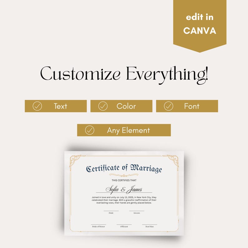 Editable Marriage Certificate Template: Elegant Wedding Keepsake (canva ...