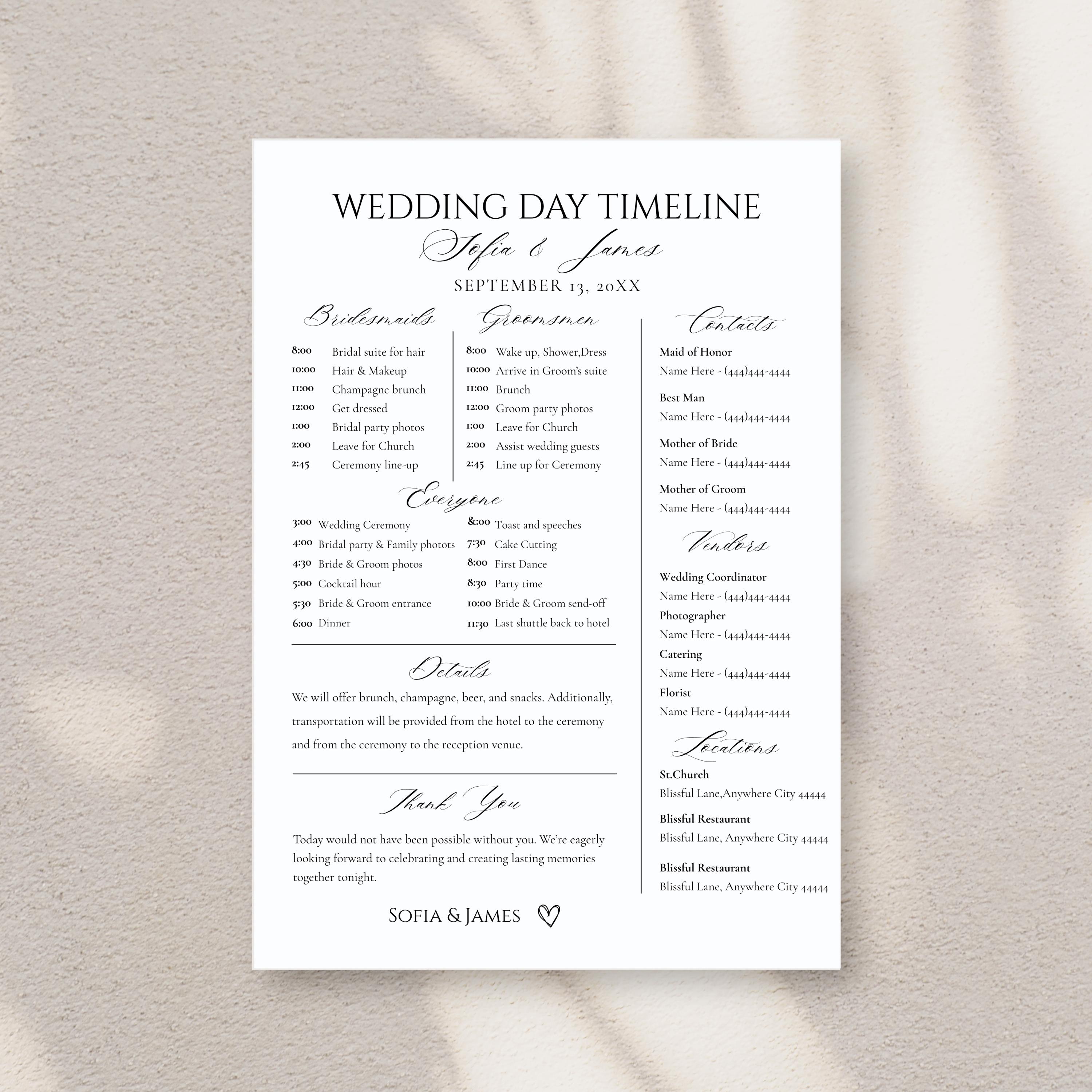 Detailed Wedding Day Timeline Template | Wedding Schedule Itinerary ...