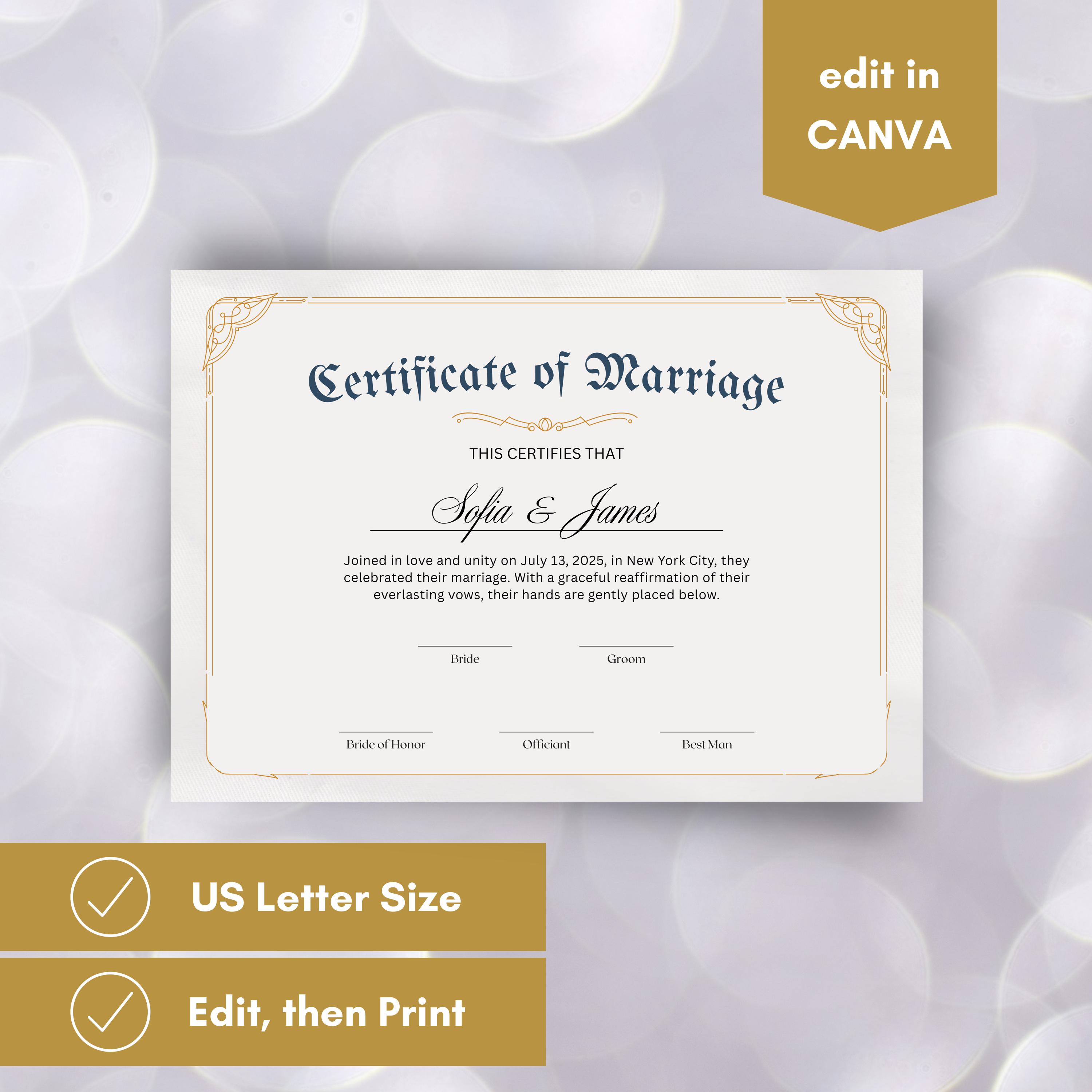 Editable Marriage Certificate Template: Elegant Wedding Keepsake (canva ...