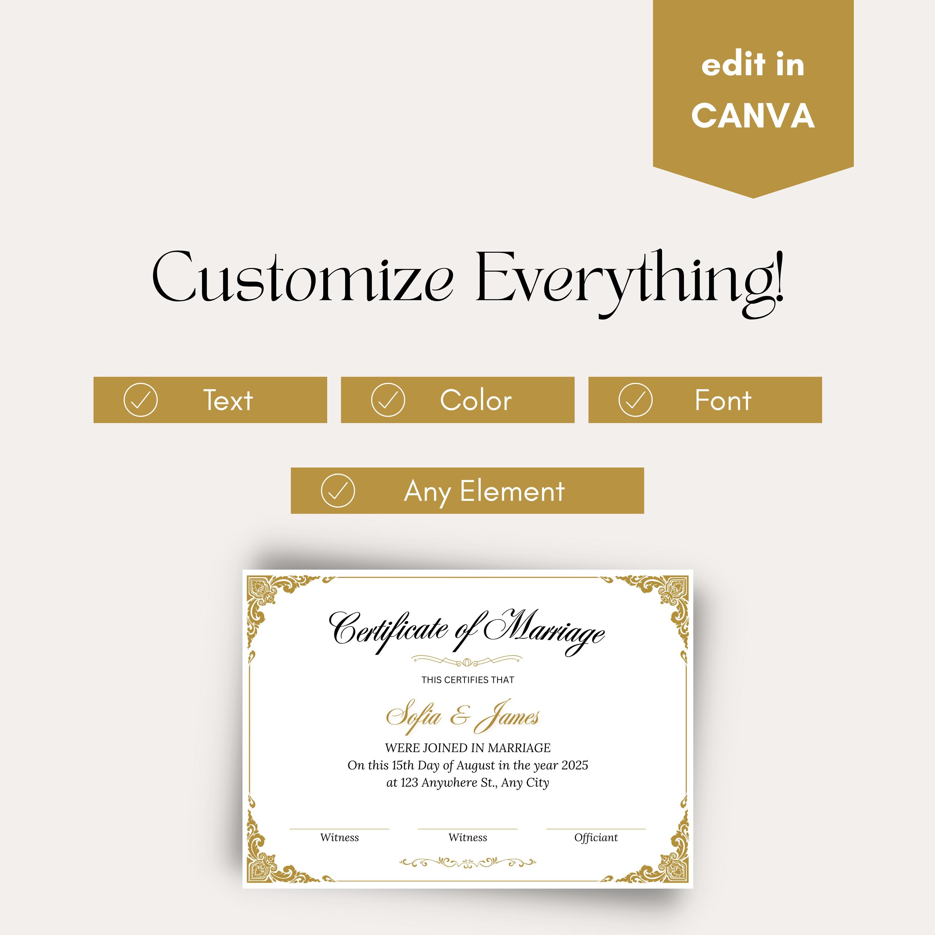 Editable Marriage Certificate Template: Elegant Wedding Keepsake (canva ...