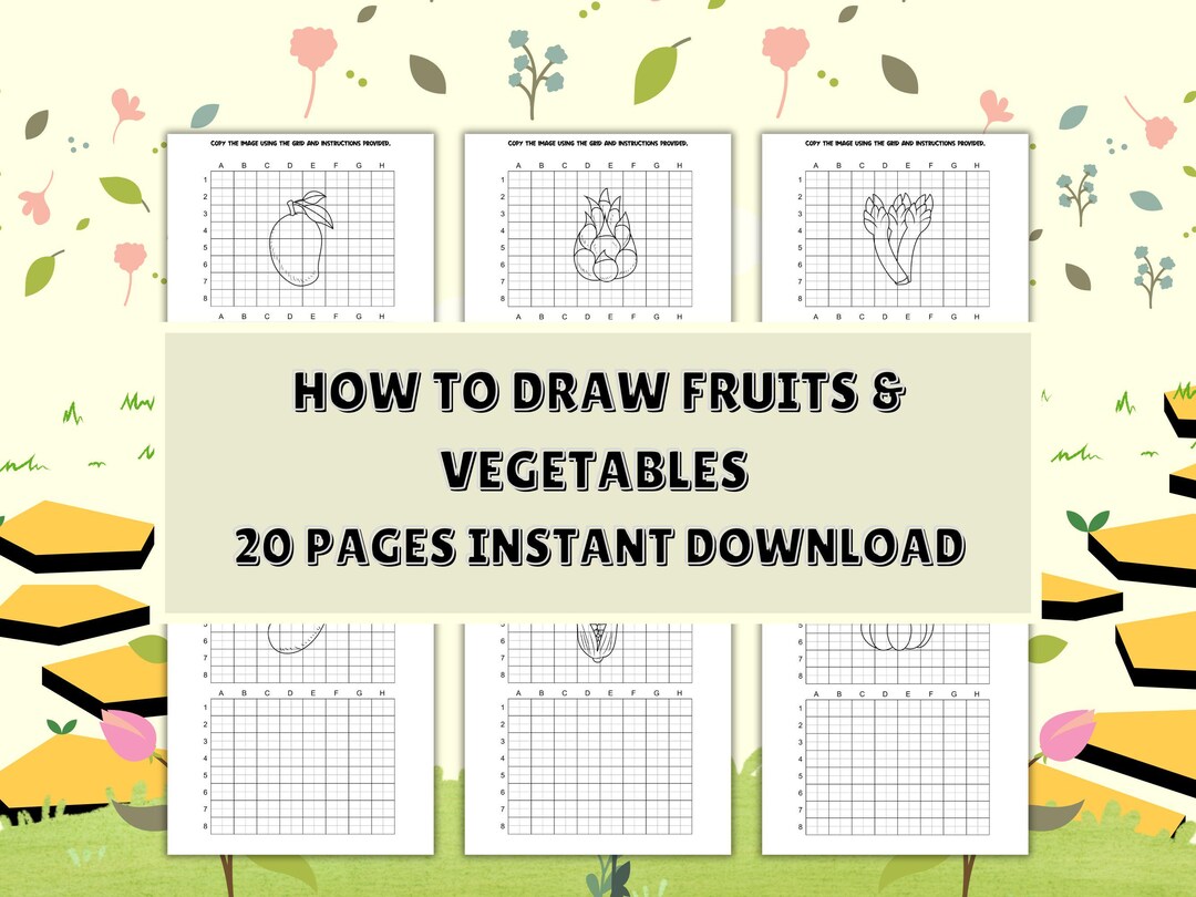 How to Draw Fruits and Vegetables Using a Grid for Kids, With ...