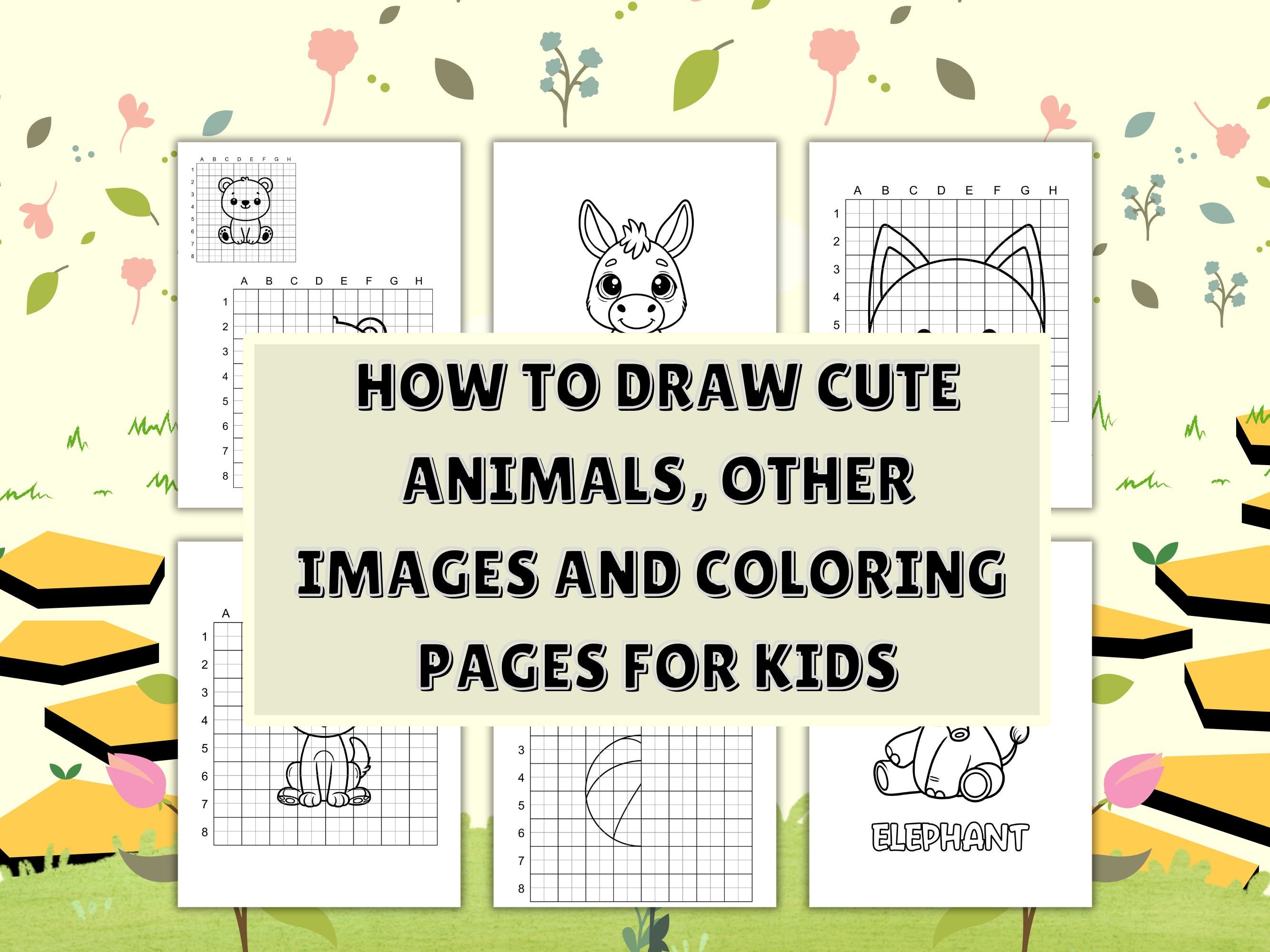 Cute Animals Drawing Guide, Grid Method, Coloring Pages (PDF) - Etsy