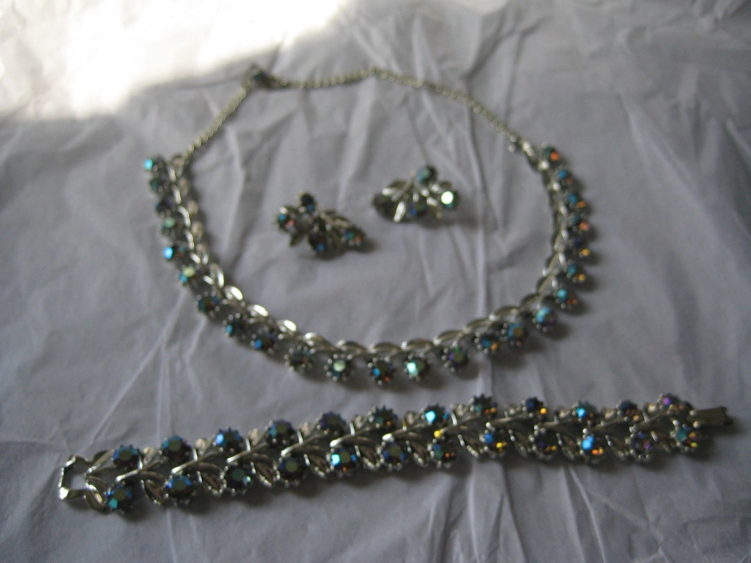 60s Rhinestone Parure: Floral Bracelet, Necklace & Clip on Earrings - Etsy