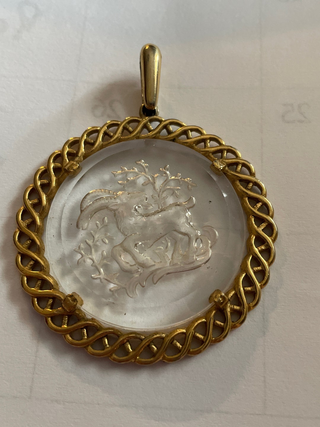 CROWN TRIFARI Capricorn Intaglio Glass Pendant in Gold Plated Frame ...
