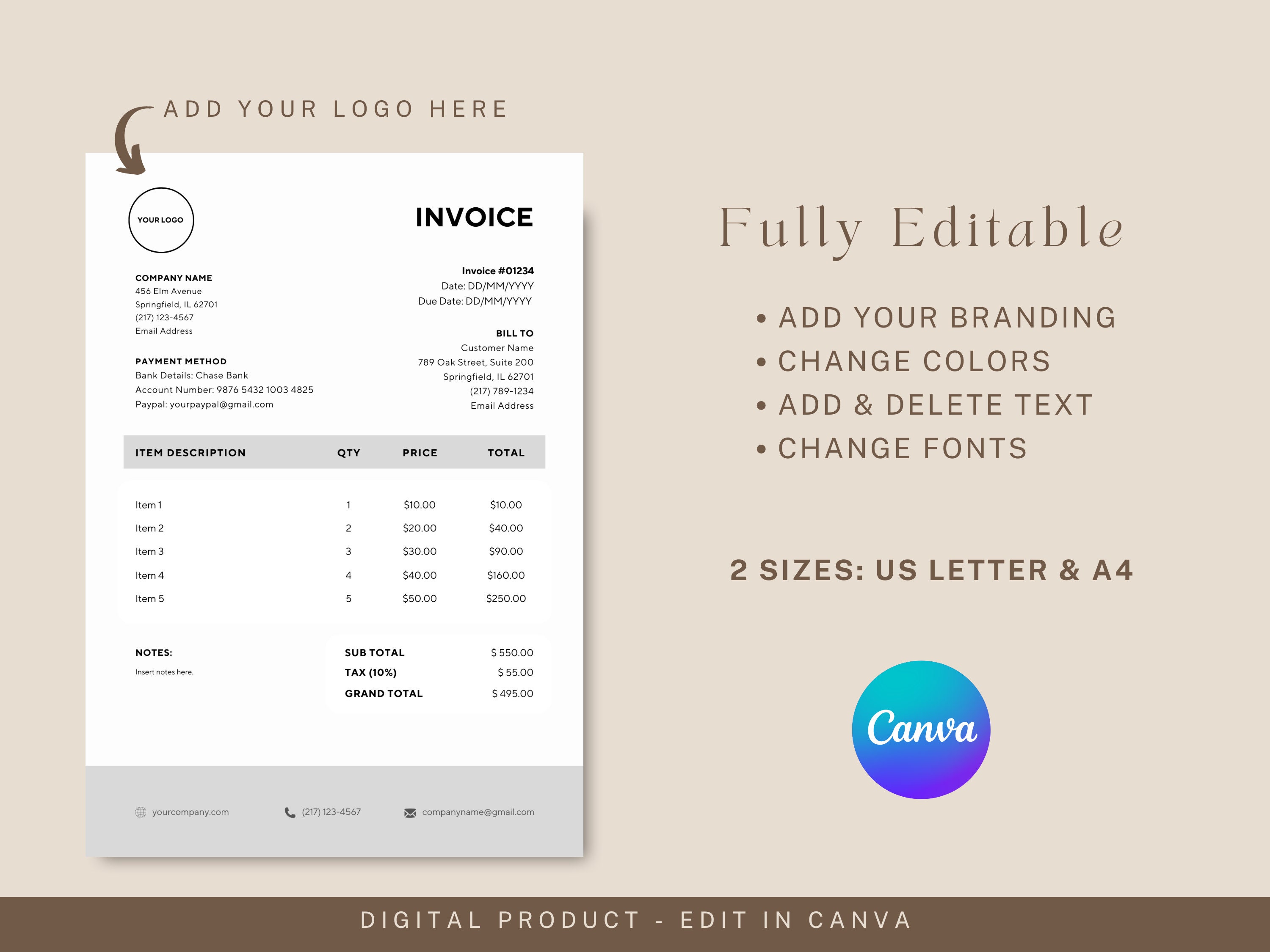 Simple Invoice Template for Small Business Owners Editable Canva ...