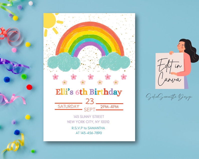 Rainbow Birthday Invitation, Pastel Rainbow, Colorful Rainbow, Editable ...