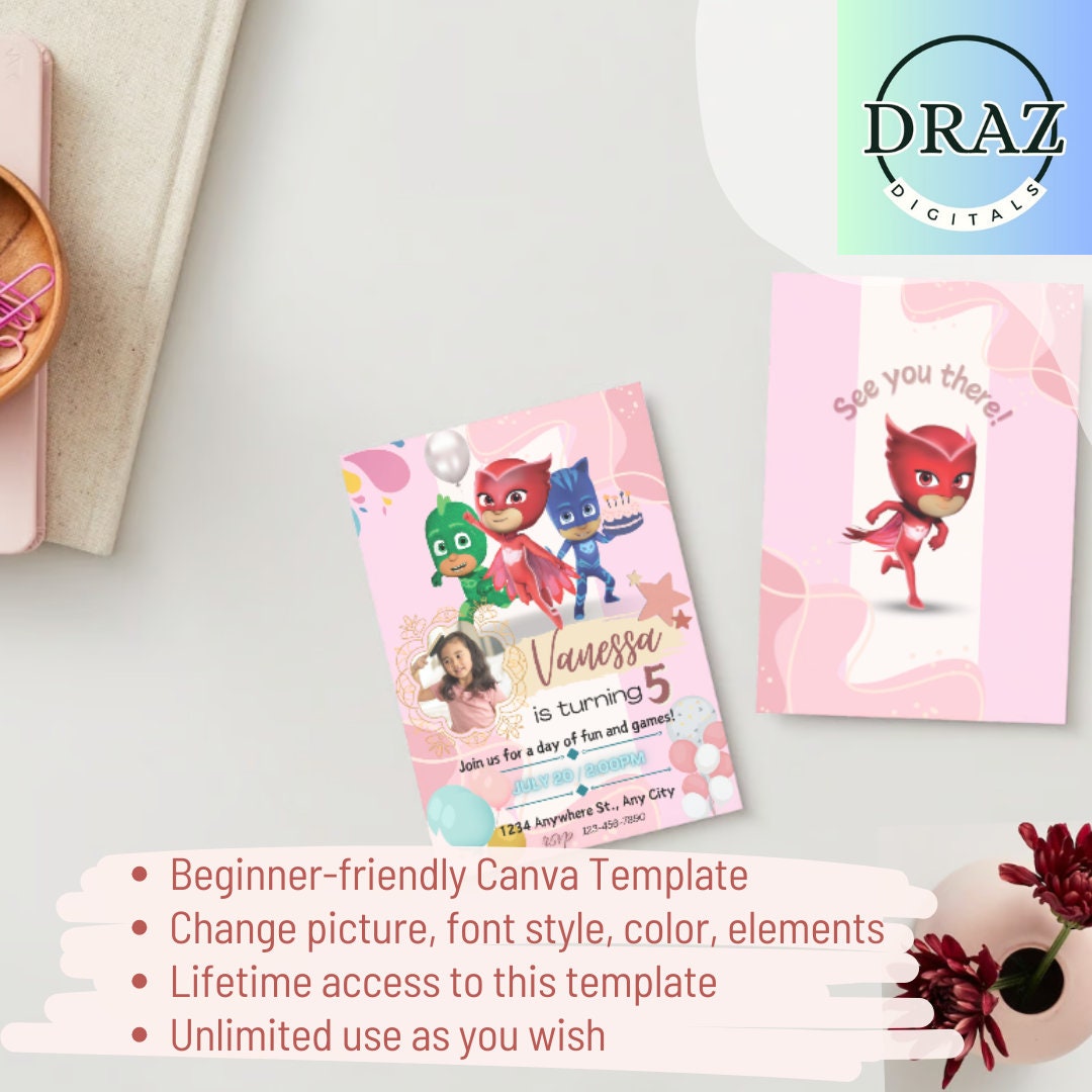 PJ Mask Birthday Invitation for Girls Printable Kids Invitation Canva ...