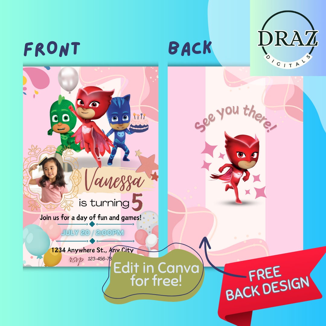 PJ Mask Birthday Invitation for Girls Printable Kids Invitation Canva ...