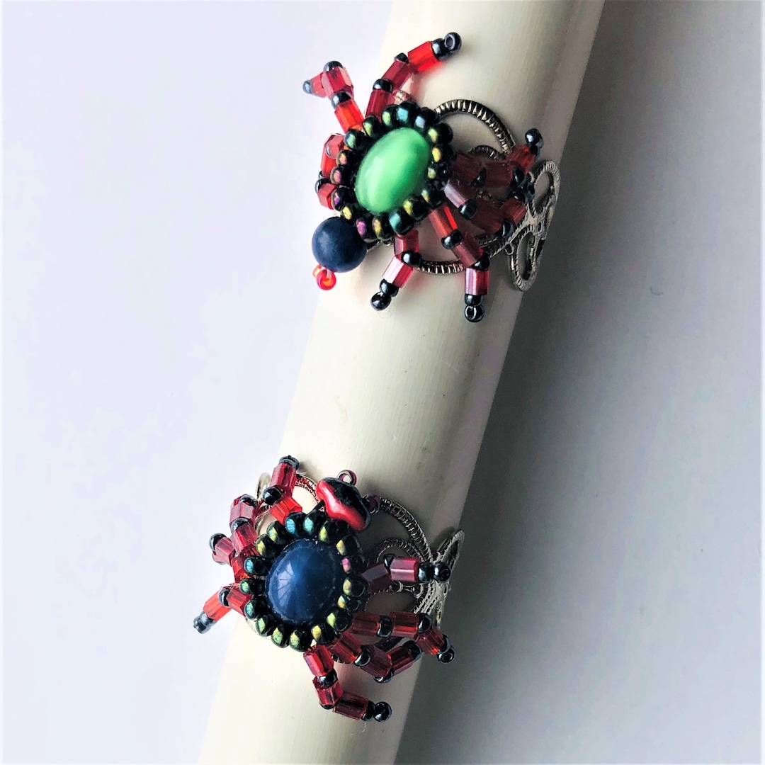 Beaded Blue & Green Spider Moving Legs Beadwoven Halloween Ring Itzy ...