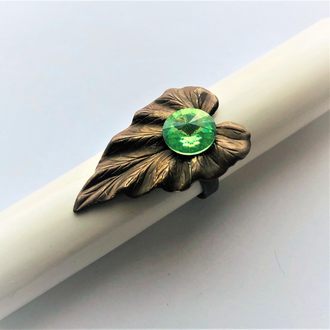 Vintage Large Leaf Adjustable Ring, Antique Brass Leaf Ring, Green ...