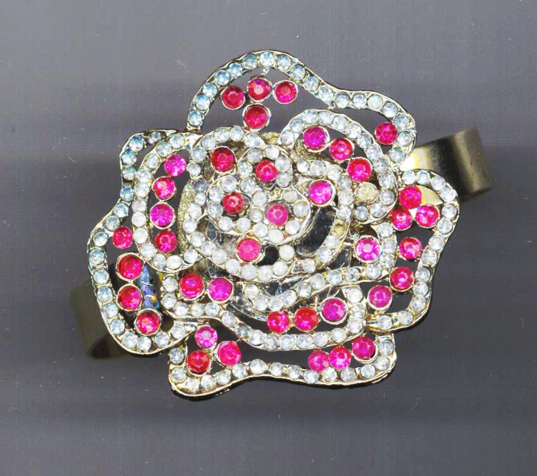 Floral Rhinestone Open Cuff Silver Plated Bracelet Hot Pink Vintage ...