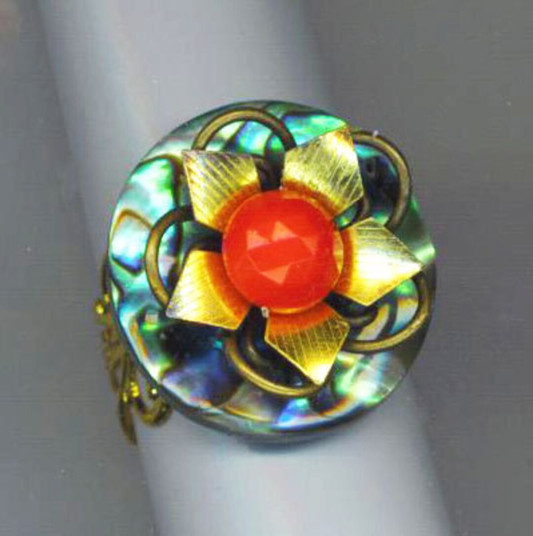 Adjustable Red Flower Filigree Ring, Red German Glass, Red Faceted ...