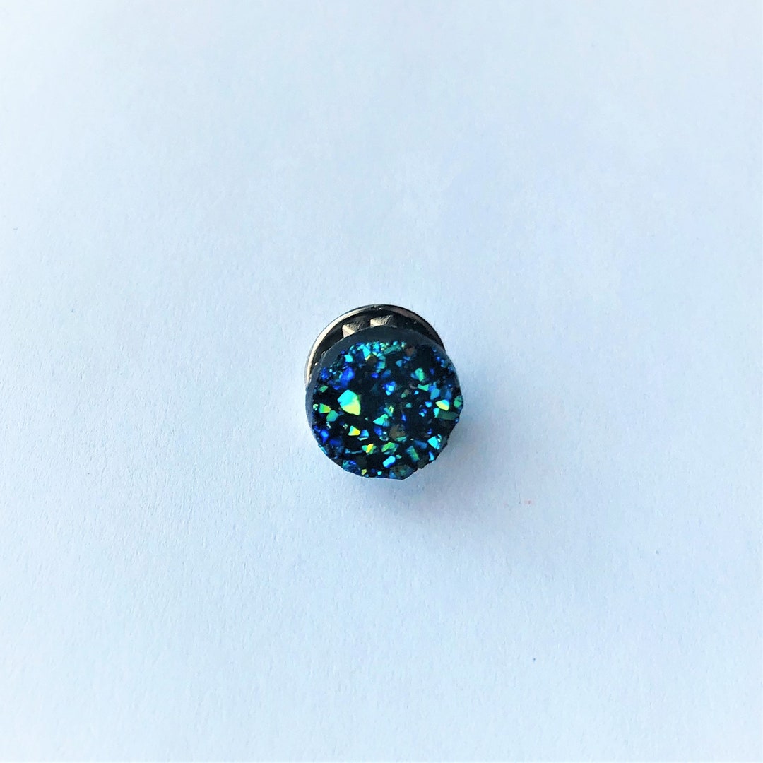Round Tie Pin Groom Tie Tack Blue or Silver Round Druzy Silver Plated ...