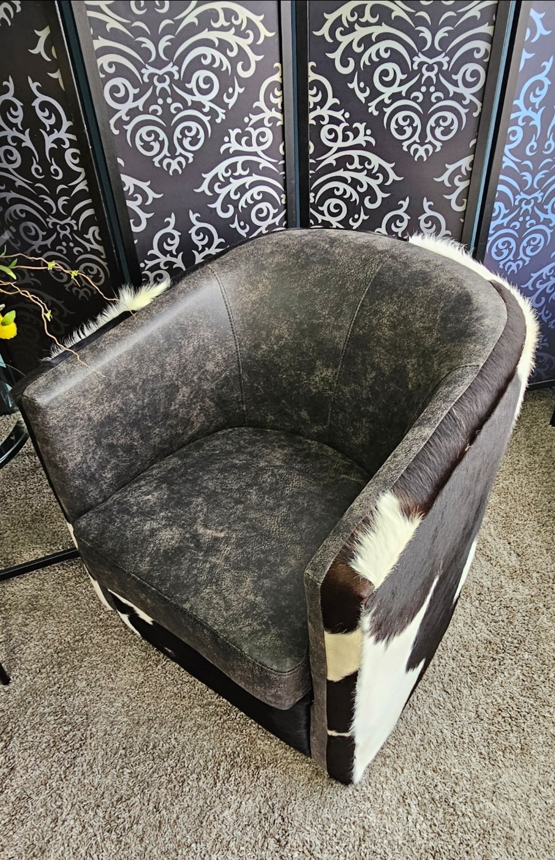 Swivel Leather Barrel Chair, Cowhide Accents Chair, Handcraft Cowhide ...