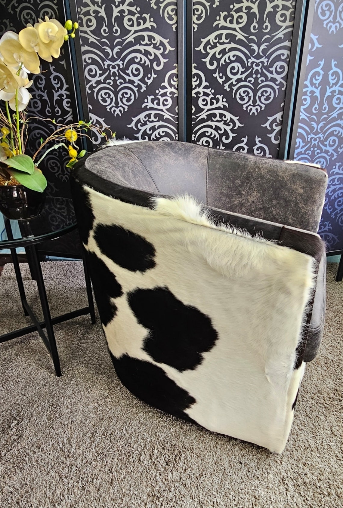 Swivel Leather Barrel Chair, Cowhide Accents Chair, Handcraft Cowhide ...