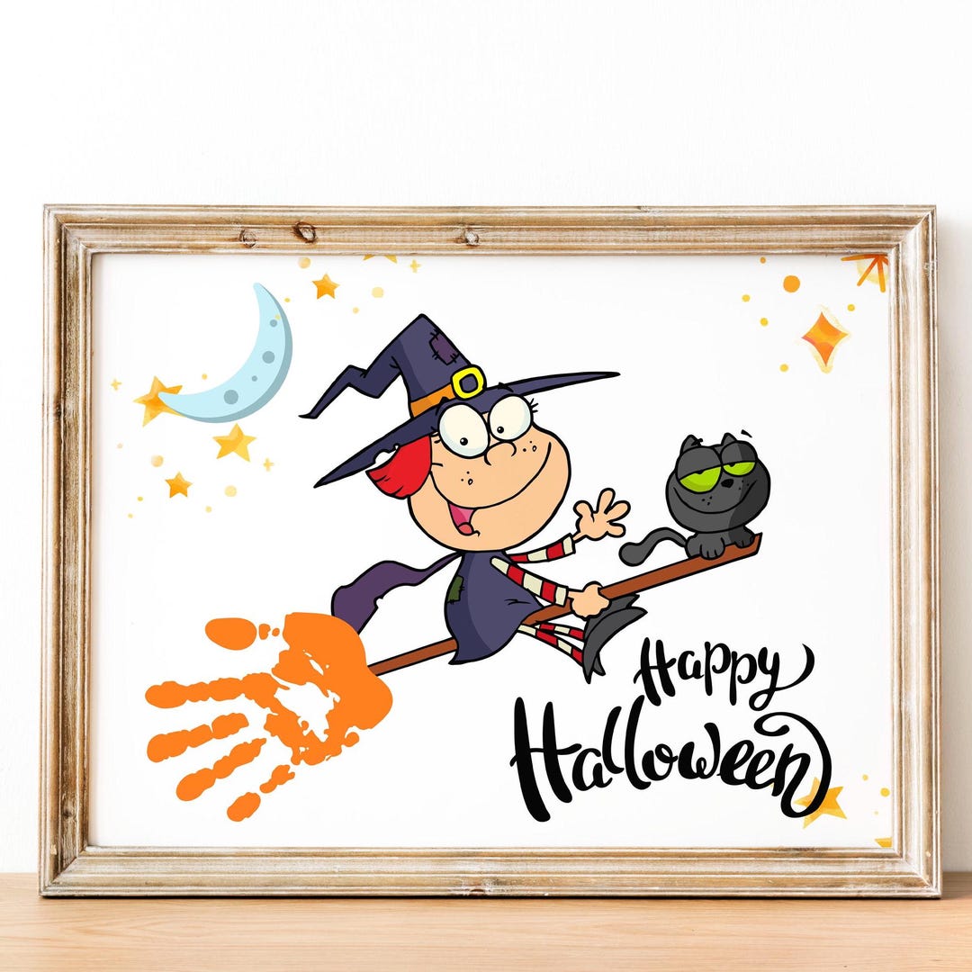 Halloween Handprint Art, Witch Broomstick Handprint Craft, Halloween ...