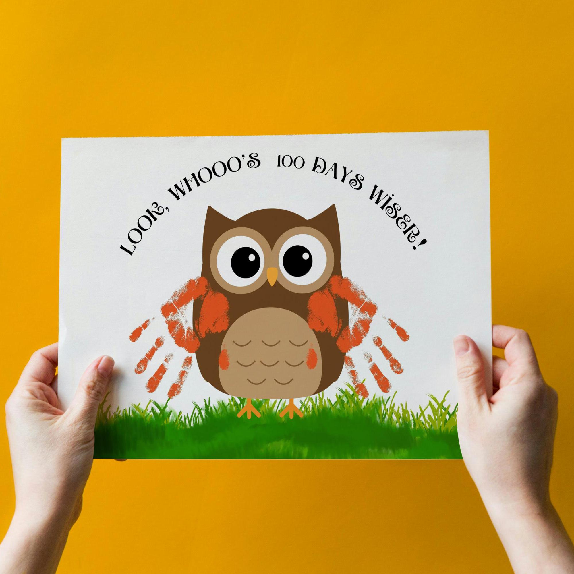 100 Days Wiser Handprint Art, Owl Handprint Craft, 100th Day of School ...