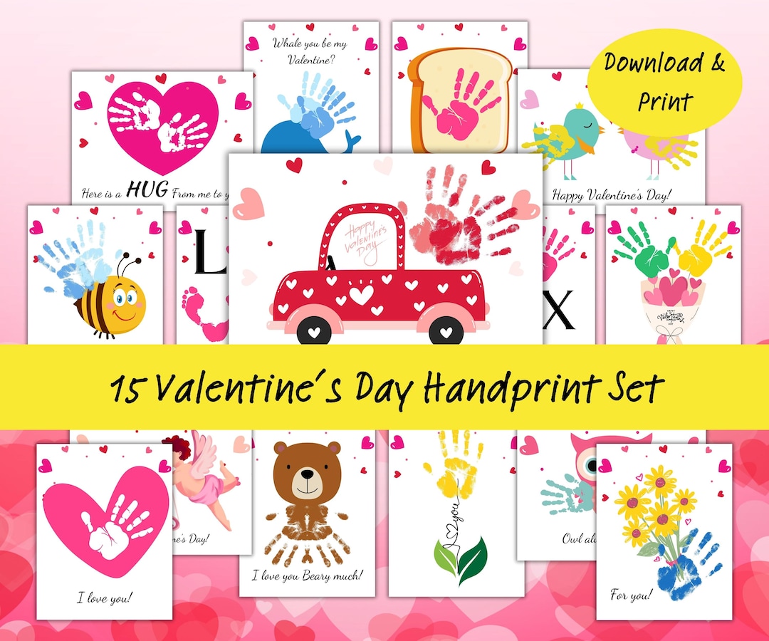 15 Valentine Handprint Art Set, Preschool Valentine Crafts, Printable ...