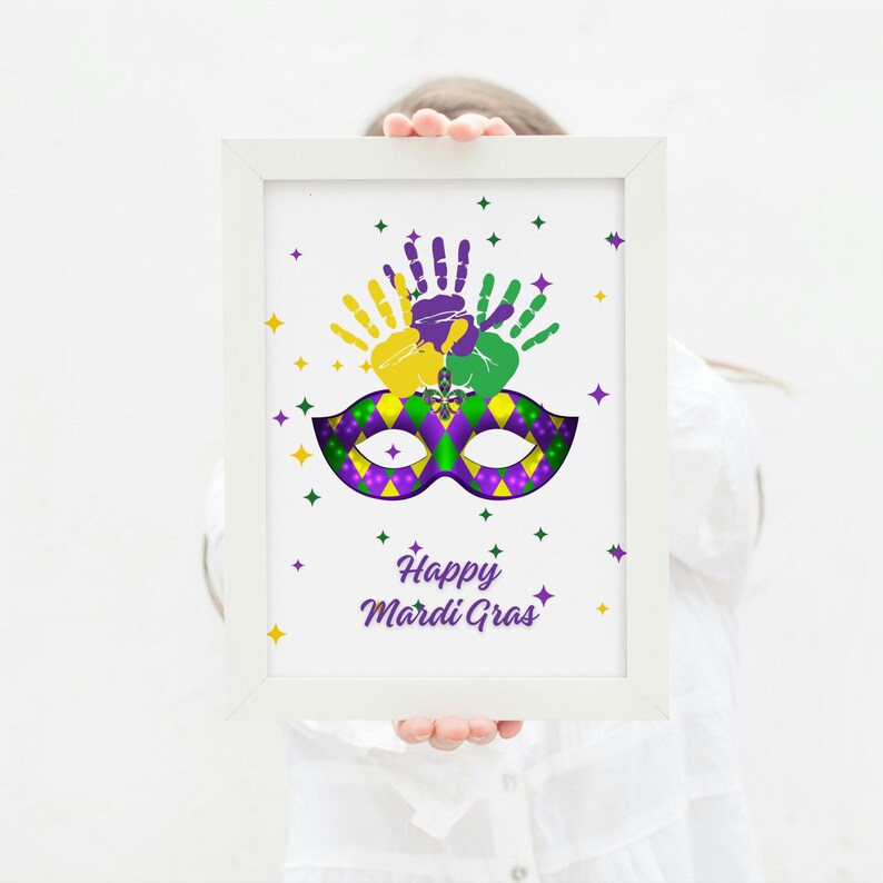 Mardi Gras Mask Handprint Art, Happy Mardi Gras Card, Fat Tuesday Kids ...