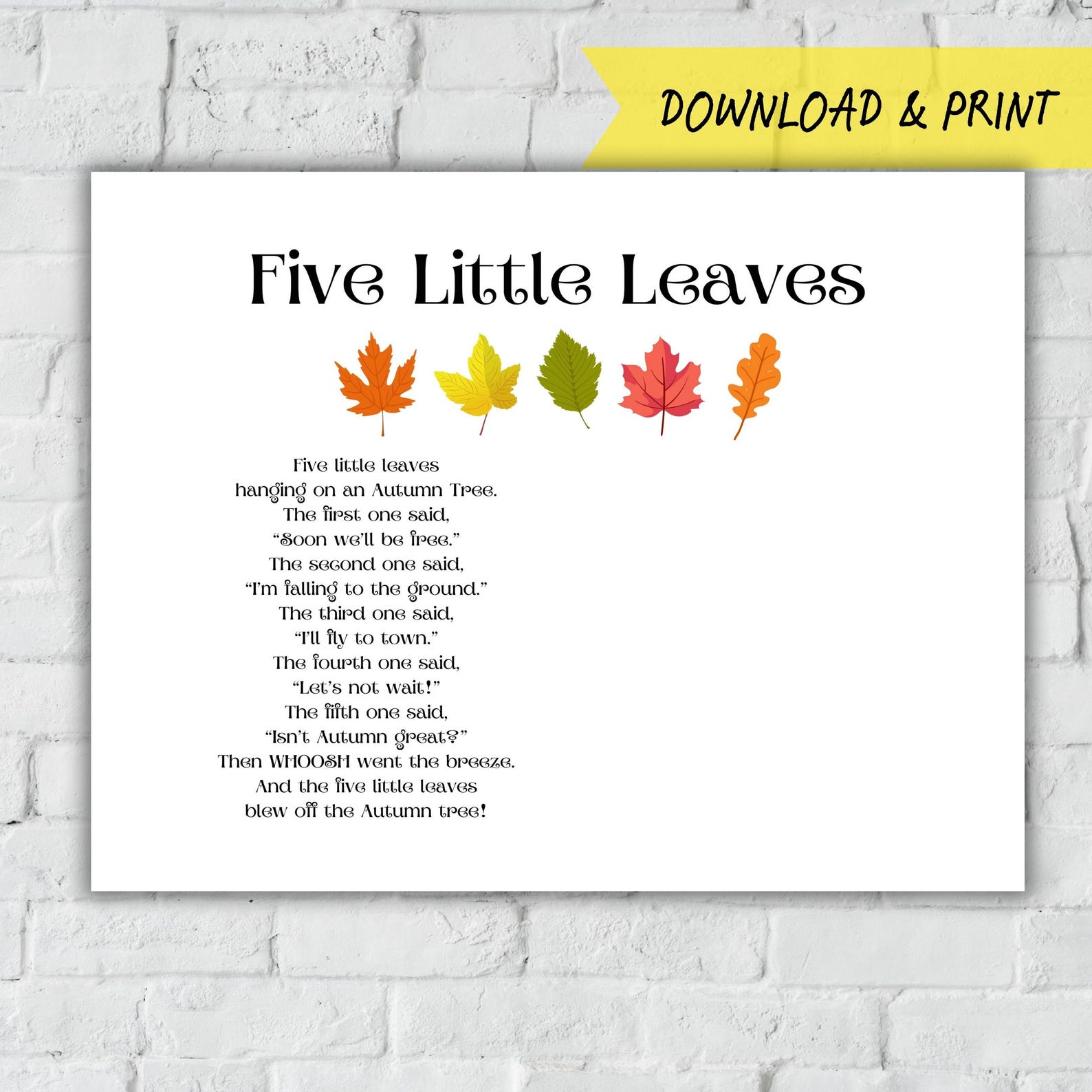 Fall Leaves Handprint Craft, Five Little Leaves Poem, Printable Autumn ...