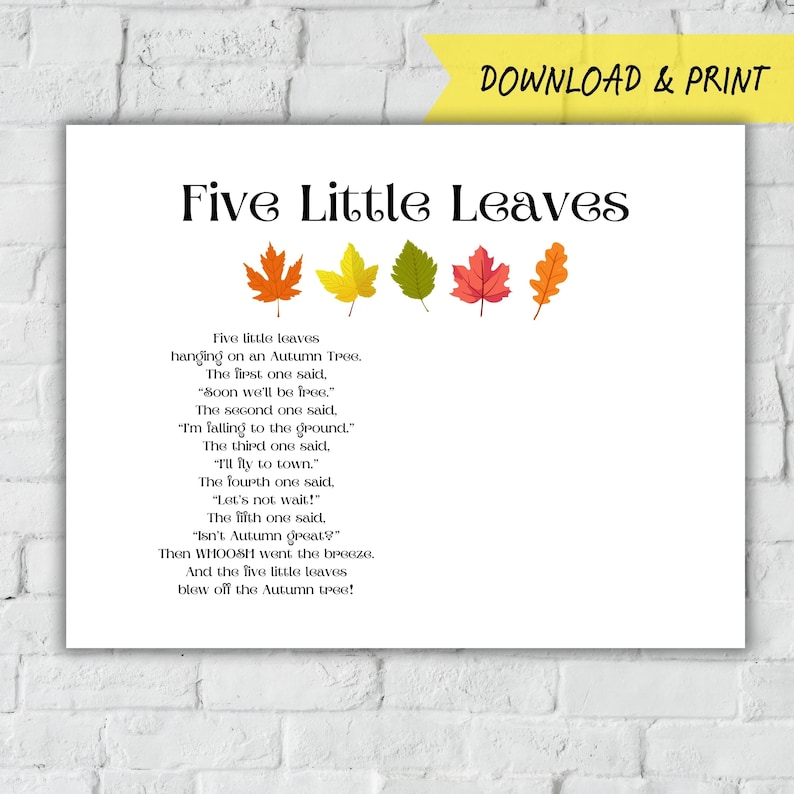 Fall Leaves Handprint Craft, Five Little Leaves Poem, Printable Autumn ...