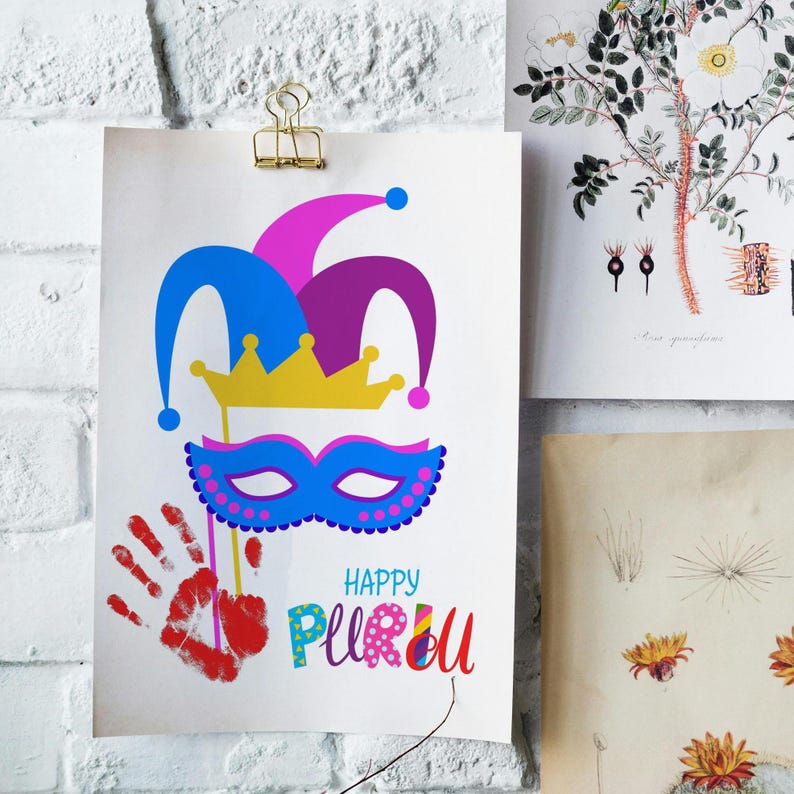 Purim Handprint Art, Jewish Holiday Craft, DIY Purim Mask, Happy Purim ...