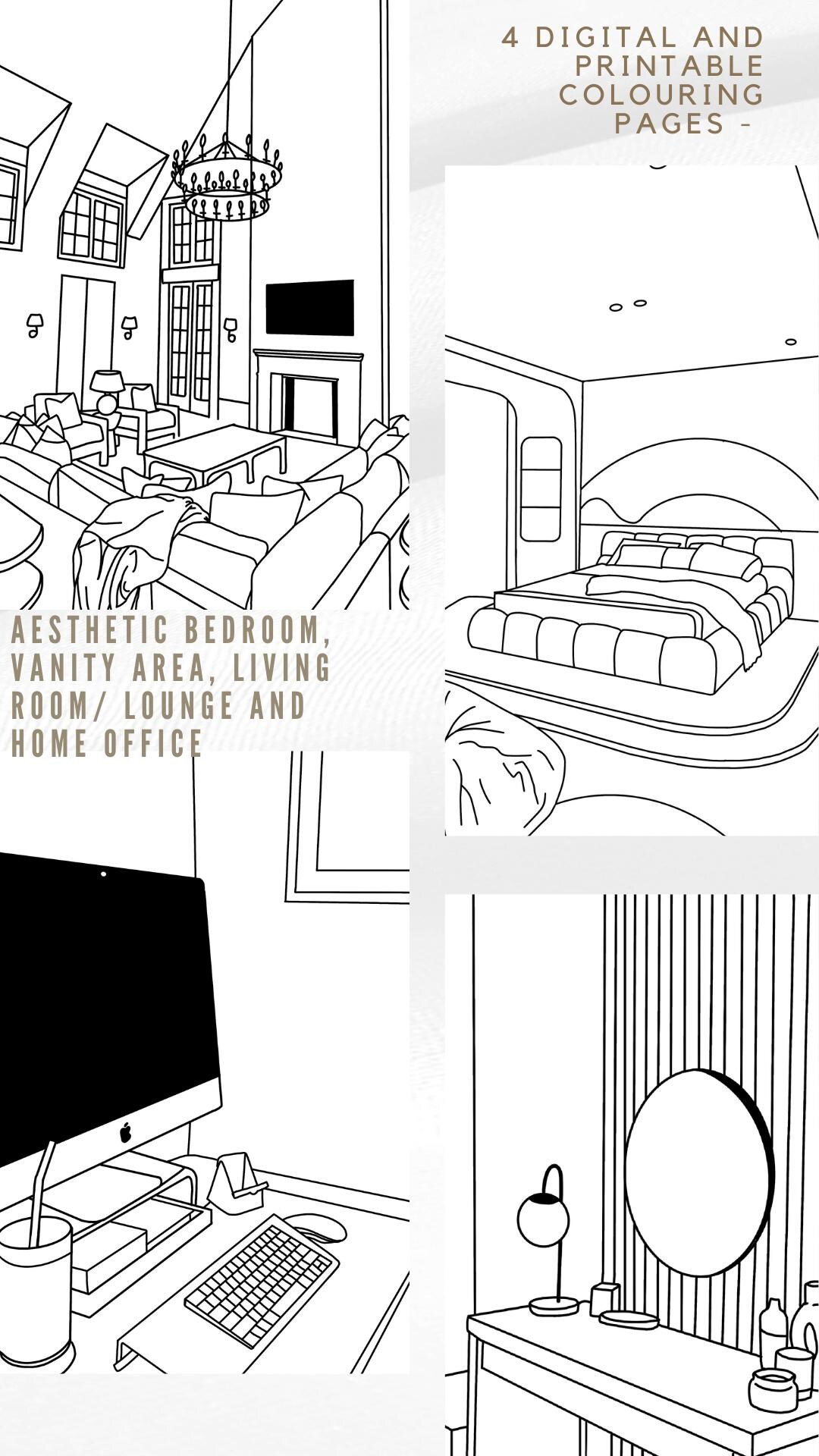 4 Digital and Printable Coloring Pages: Aesthetic Bedroom, Vanity Area ...
